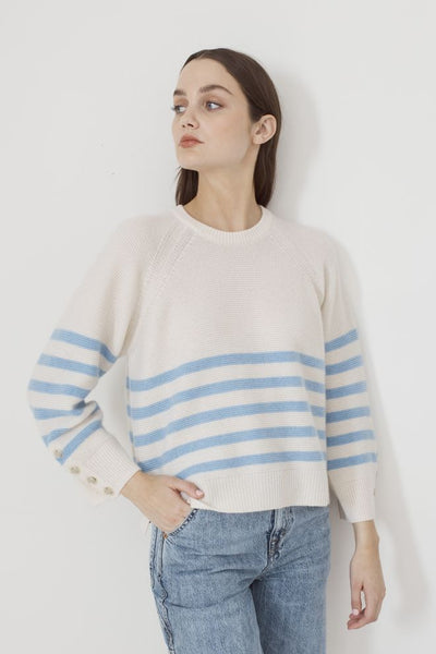 Autumn Cashmere - Breton Stripe Links Stitch Raglan Crew - Chalk/Heath